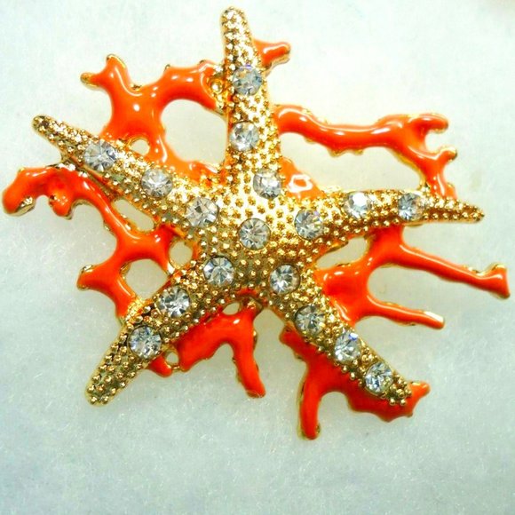 Vintage | Jewelry | Vintage Gold Tone Rhinestonorqange Enamel Starfish ...
